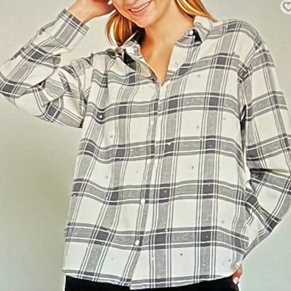a.n.a | Tops | Ana Rhinestone Cowgirl Flannel Shirt In Lana Plaid Cream ...